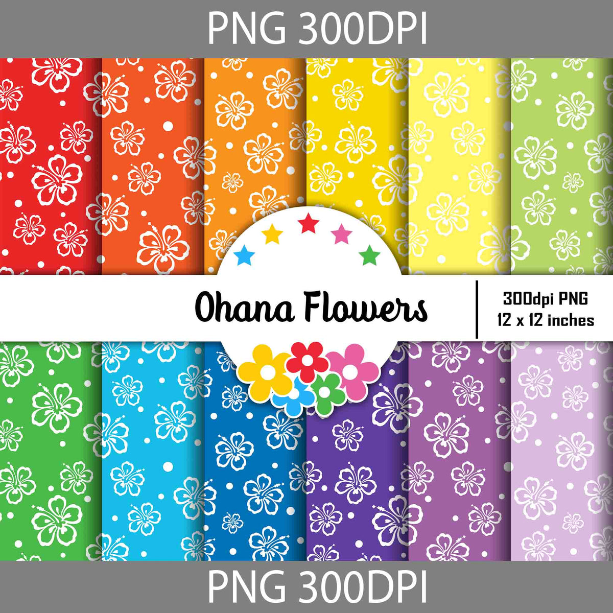 Ohana Flowers Floral Cute Polka Dots Digital Paper Set Rainbow Colours ...