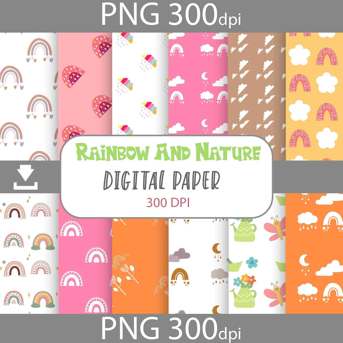 Rainbow And Nature Seamless Pattern, Digital Papers, Scrapbook Papers ...