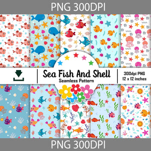 Sea Fish And Shell Seamless Pattern, Digital Papers, Scrapbook Papers ...