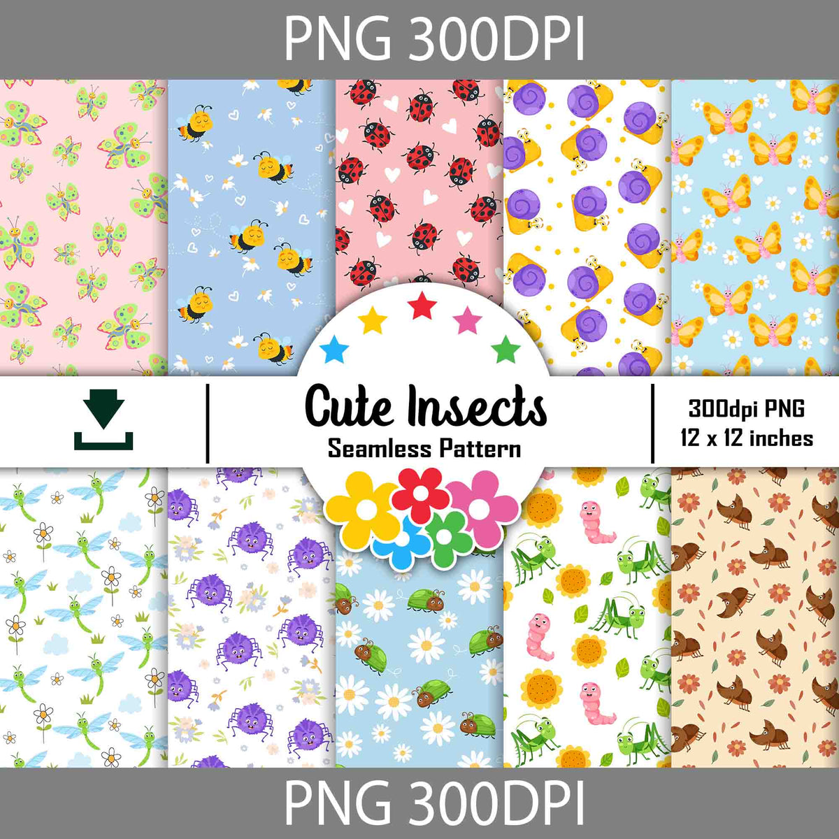 Cute Insects Seamless Pattern, Digital Papers, Scrapbook Papers ...