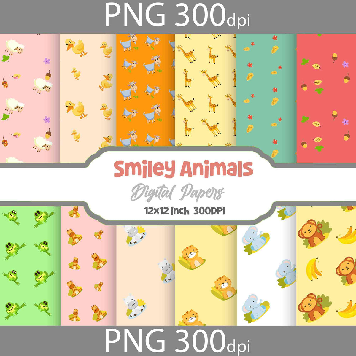 Smiley Animals Seamless Pattern,Digital Papers, Scrapbook Papers ...