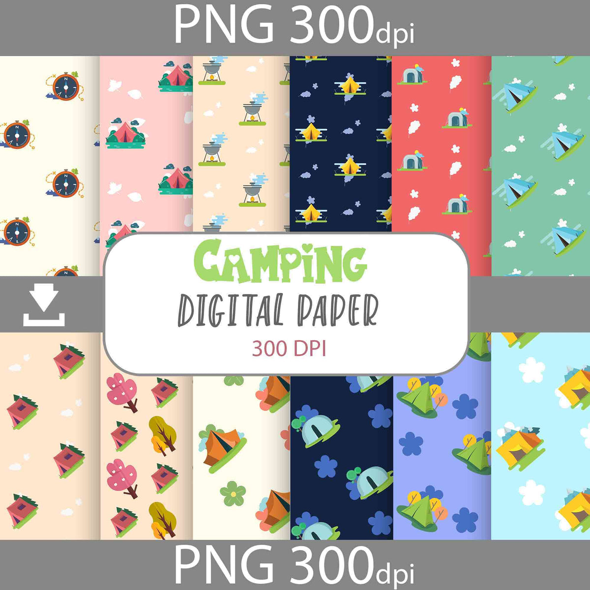 Camping Seamless Pattern, Digital Papers, Scrapbook Papers, Pattern ...